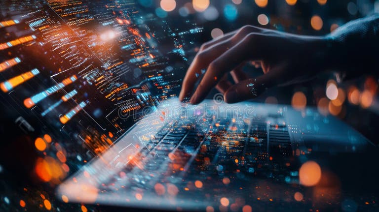 Hands Typing on a Laptop with Digital Data Overlay Stock Image - Image ...