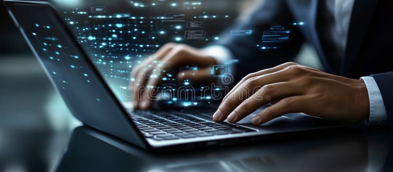 Hands Typing on Laptop with Digital Data Stream in Modern Office ...