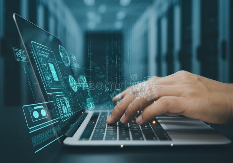 Hands Typing on a Laptop with Digital Data Visualization in a Server ...