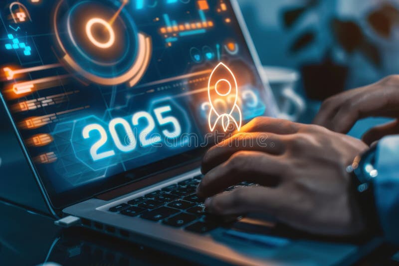 Hands Typing on a Laptop with a Digital Display Showing 2025 and a ...