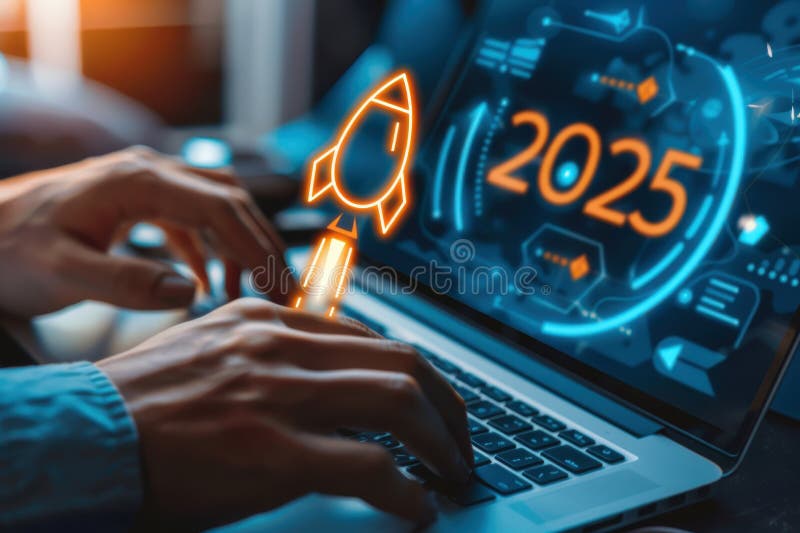 Hands Typing on a Laptop with a Digital Display Showing 2025 and a ...