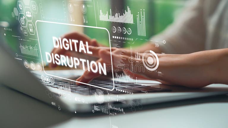 Hands Typing on Laptop with Digital Disruption Graphics Overlay and ...