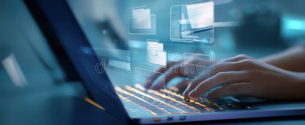 The Hands Typing on a Laptop with Digital File Overlays in a Modern ...