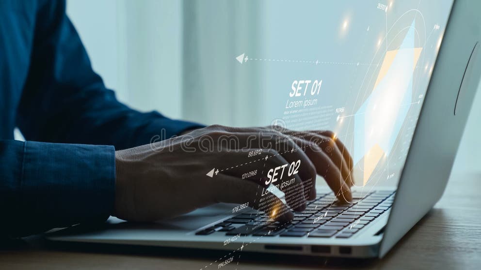 Hands Typing on Laptop with Digital Graphics and Data Visualization ...