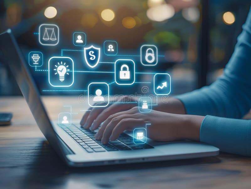 Hands Typing on Laptop with Digital Icons Overlay Stock Illustration ...