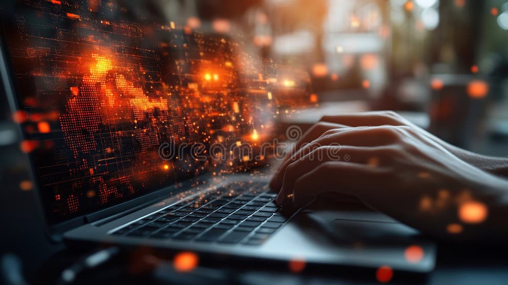 Hands Typing on a Laptop with a Digital Interface Glowing, Showcasing ...