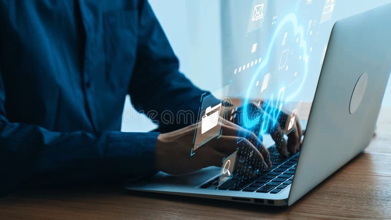 Hands Typing on Laptop with Digital Interface and Icons Representing ...