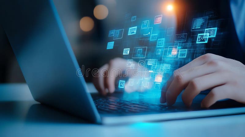 Hands Typing on Laptop with Digital Interface, Modern Workspace, High ...