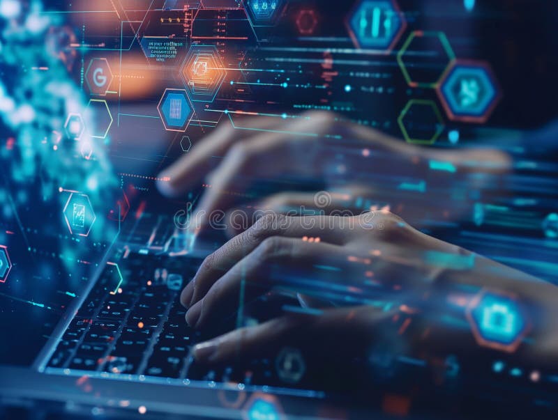 Hands Typing on Laptop with Digital Interface Overlay Stock Photo ...
