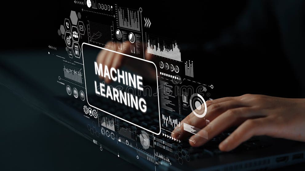 Hands Typing on Laptop with Digital Machine Learning Concept Displayed ...