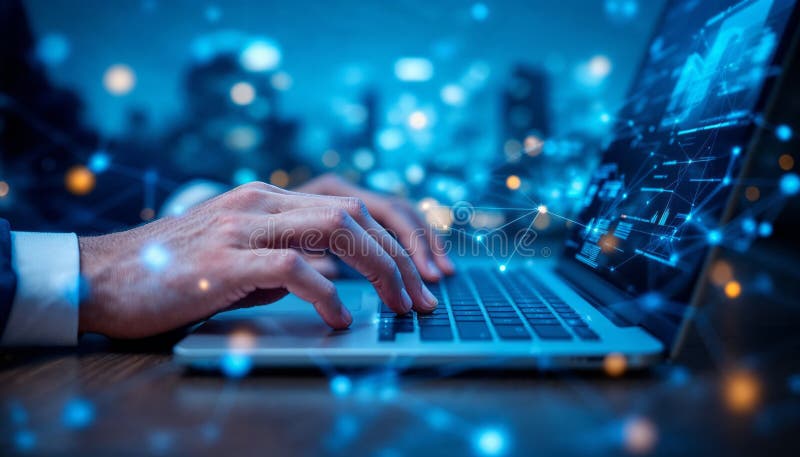 Hands Typing on a Laptop with a Digital Network Overlay, Symbolizing ...
