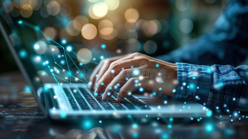 Hands Typing on Laptop with Digital Network Stock Illustration ...