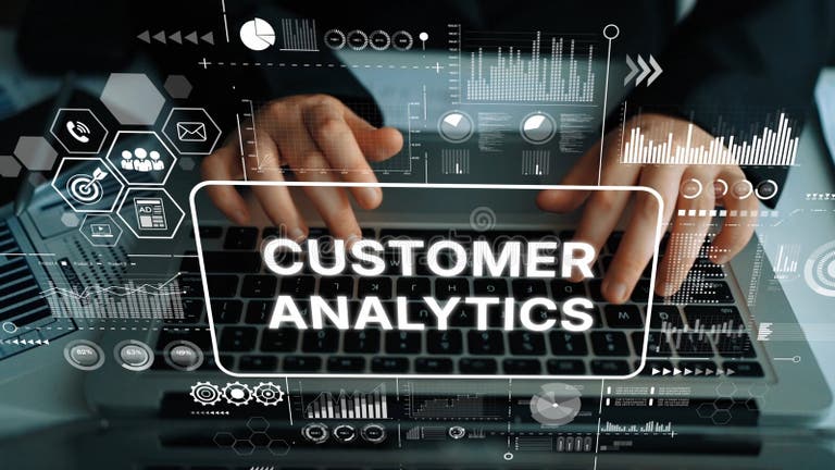 Hands Typing on Laptop with Digital Overlay of Customer Analytics and Data Visualization ...