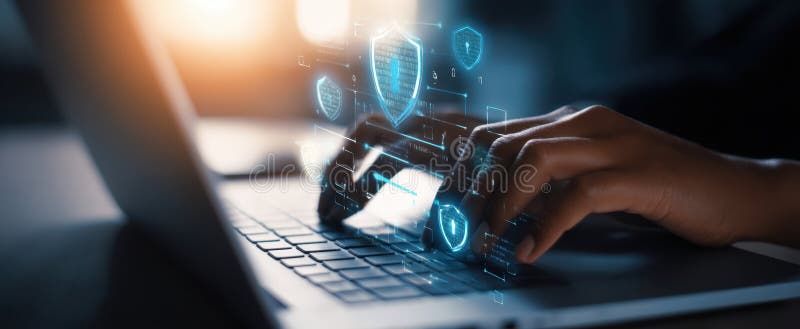 The Hands Typing on a Laptop with Digital Security Icons Representing ...