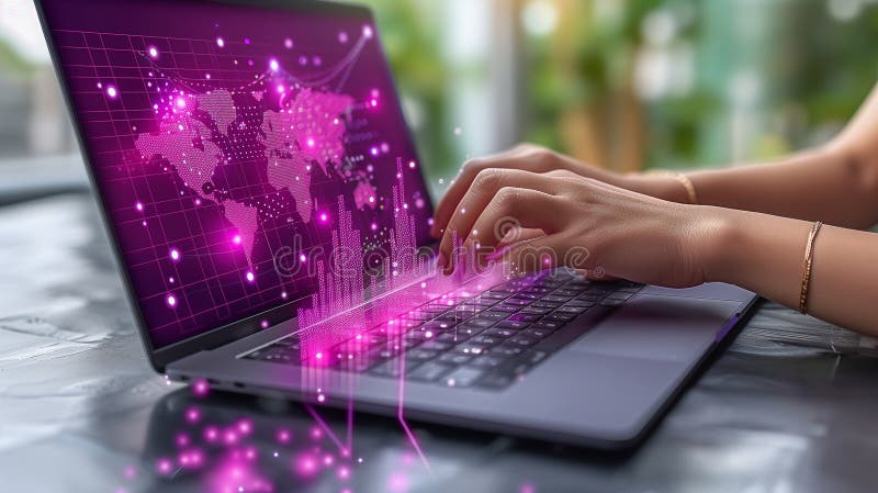 Hands Typing on Laptop with Digital World Map Overlay Stock ...