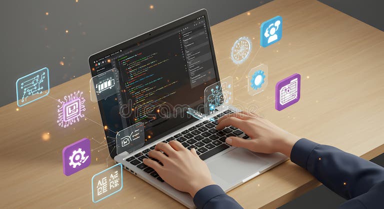 Typing Code on Laptop with Software Graphic Overlays Stock Illustration ...