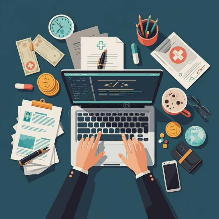 Hands Typing on a Laptop Displaying Code, Surrounded by Various Items ...