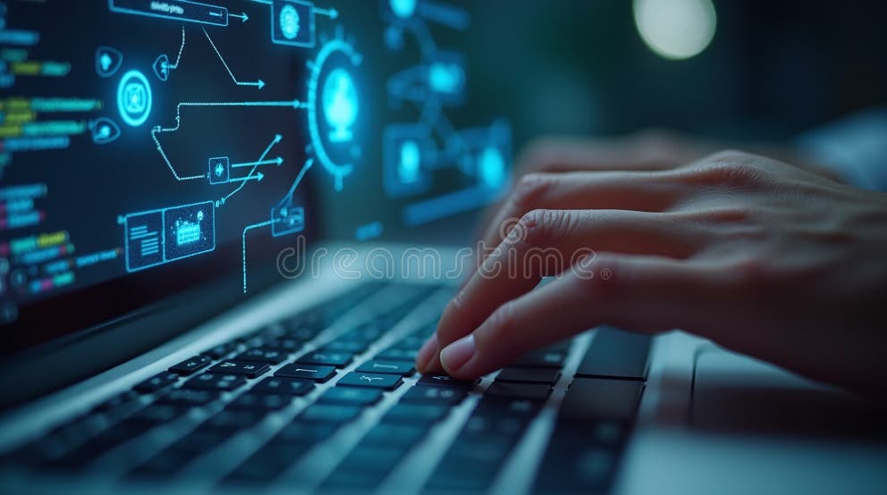 Hands Typing on Laptop Displaying Code and UI. Stock Illustration ...