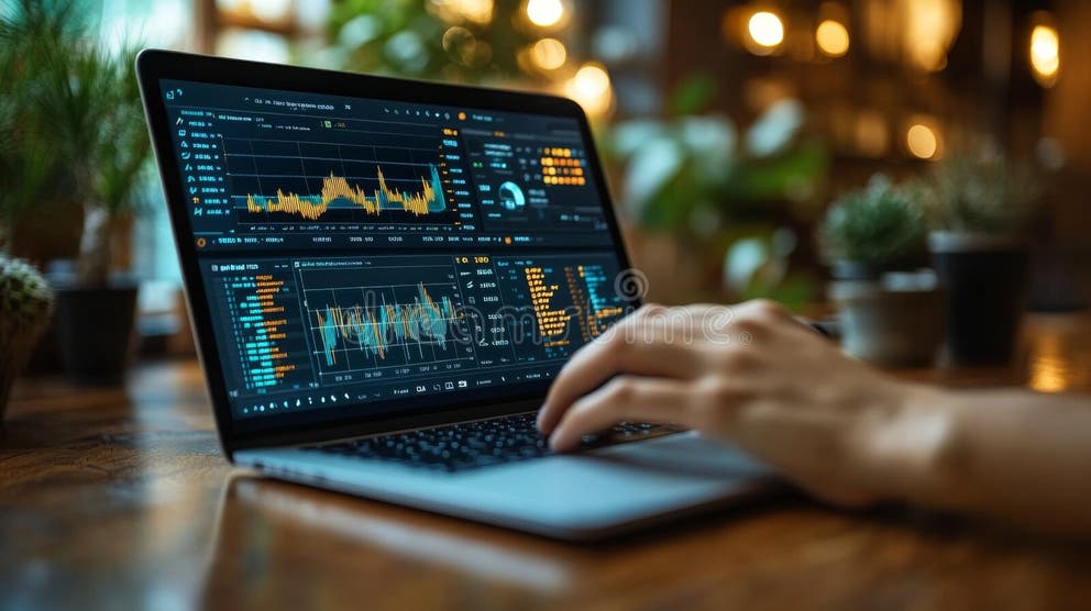 Hands Typing on a Laptop Displaying Financial Charts and Data Analytics in a Modern Workspace ...