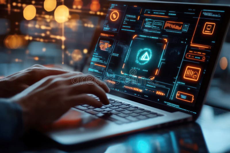 Hands Typing on a Laptop Displaying Futuristic User Interface with Data ...