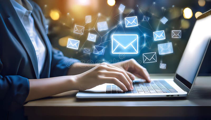 Hands Typing on Laptop Email Icons Digitally Float Above Stock ...