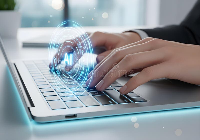 Hands Typing on Laptop with Floating Holographic AI Agent Interface and Digital Data Overlays ...