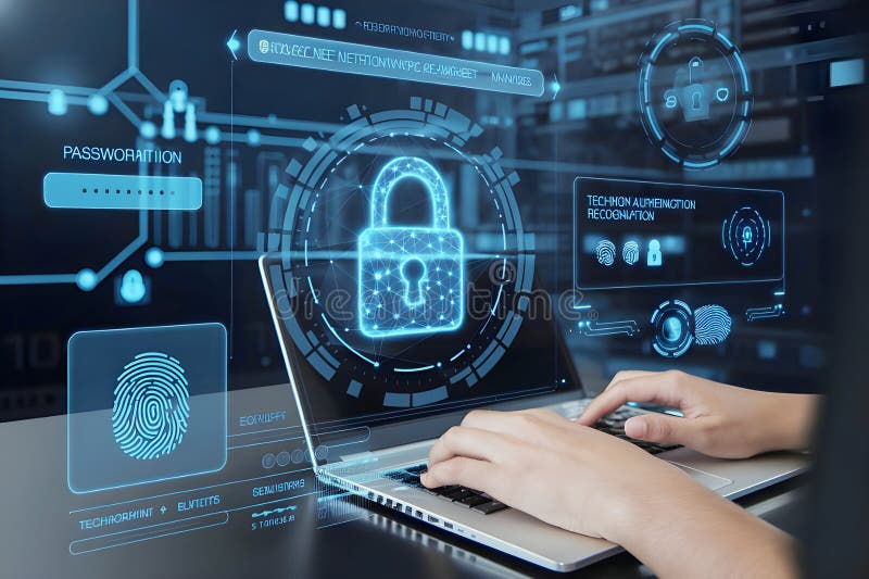 Hands Typing on Laptop with Futuristic Cybersecurity Holograms Stock Illustration - Illustration ...