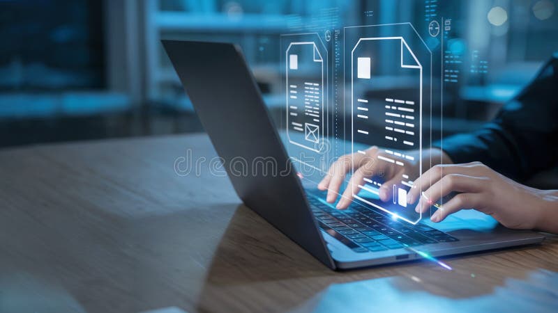 Hands Typing on Laptop with Futuristic Digital Invoice Documents ...