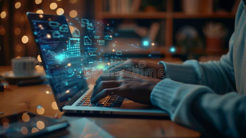 Hands Typing on a Laptop with Futuristic Digital Overlays of Data and Graphs..AI Generated Image ...