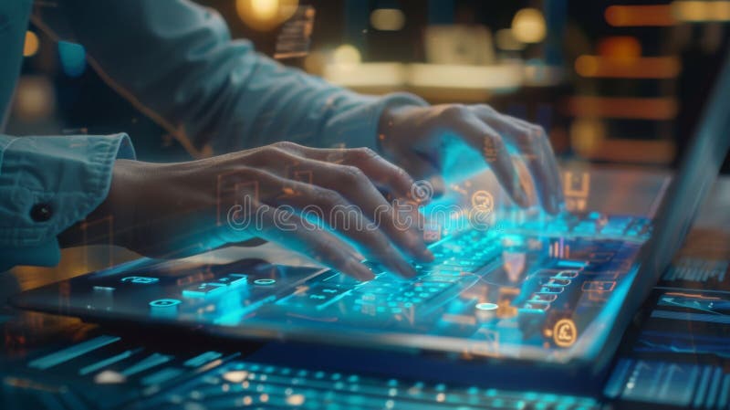 Hands Typing on a Laptop with Futuristic Digital Overlays of Data and Graphs.. AI Generated ...