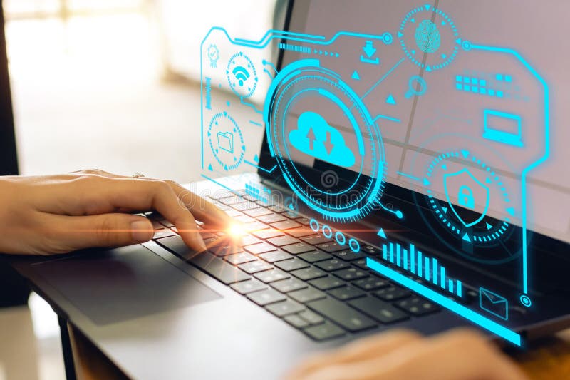 Hands Typing on a Laptop with a Futuristic Holographic Interface ...