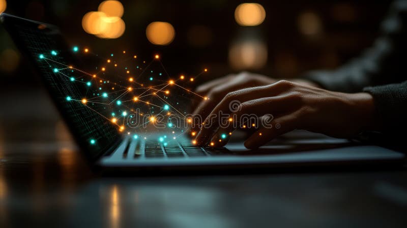 Hands Typing on Laptop, Glowing Network Connection Stock Illustration ...