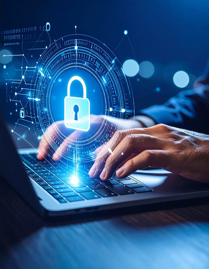 Hands Typing on Laptop with Glowing Padlock Icon, Symbolizing Digital Security and Data ...