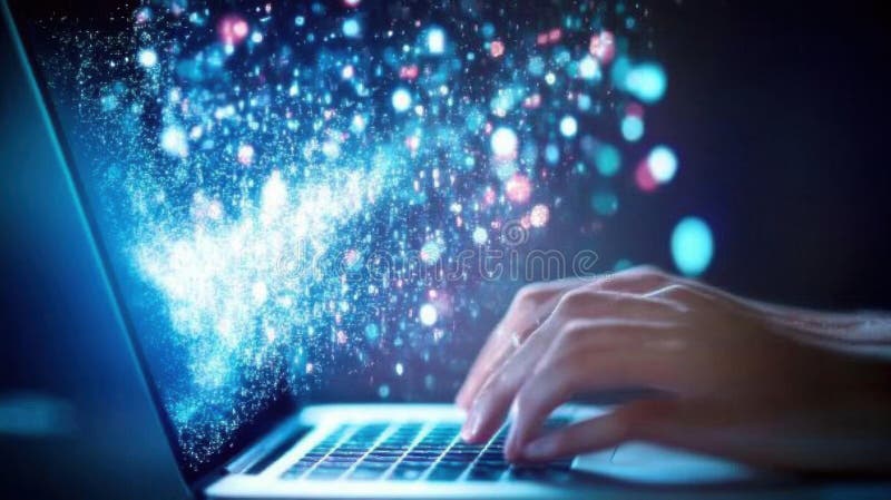 Hands Typing on Laptop with Glowing Particles and Futuristic Interface Concept Stock ...