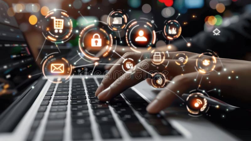 Hands Typing on a Laptop with Holographic Cloud, Security, and Connectivity. Stock Image - Image ...