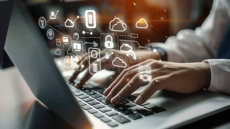 Hands Typing on a Laptop with Holographic Cloud, Security, and Connectivity. Stock Illustration ...