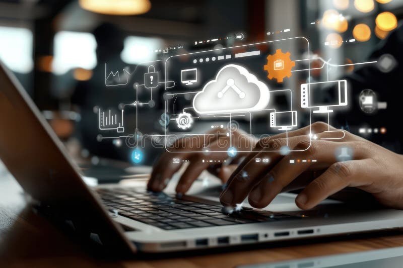 Hands Typing on a Laptop with Holographic Cloud, Security, and Connectivity. Stock Photo - Image ...
