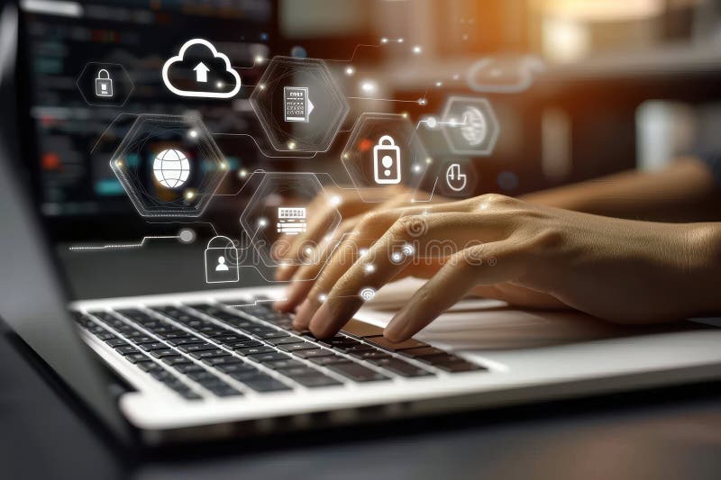 Hands Typing on a Laptop with Holographic Cloud, Security, and Connectivity. Stock Image - Image ...