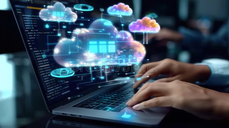 Hands Typing on a Laptop with Holographic Cloud, Security, and Connectivity. Stock Illustration ...