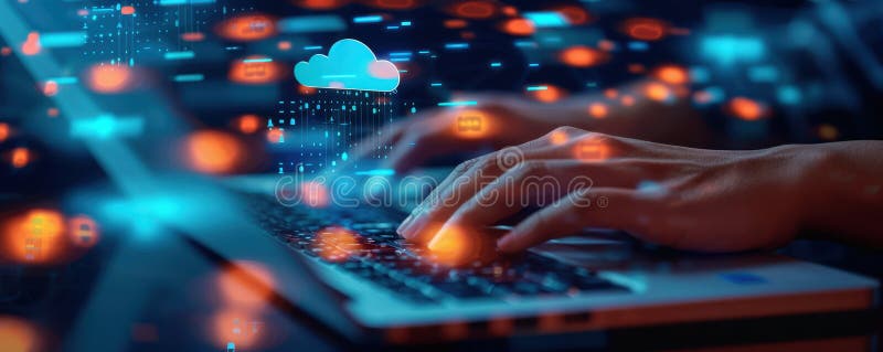 Hands Typing on a Laptop with Holographic Cloud, Security, and Connectivity. Stock Illustration ...