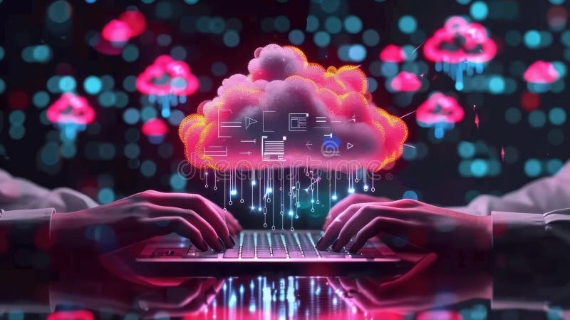 Hands Typing on a Laptop with Holographic Cloud, Security, and Connectivity. Stock Photo - Image ...