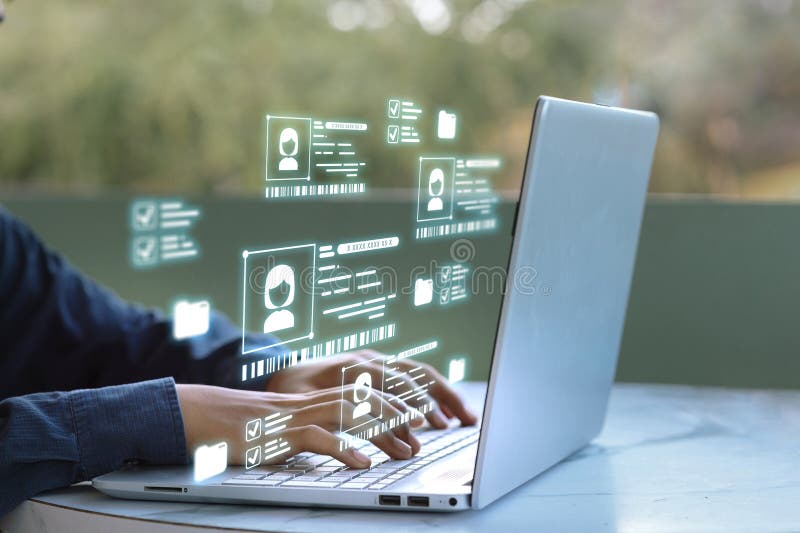 Hands Typing on a Laptop with Holographic Digital User Profile Stock Photo - Image of client ...