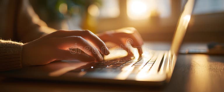 The Hands Typing on a Laptop while Illuminated by Soft Sunset Light..AI Generated Image Stock ...