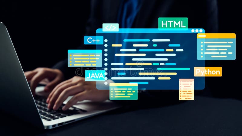 Hands Typing on Laptop with Illustrations of Programming Languages and Code Syntax on Dark ...