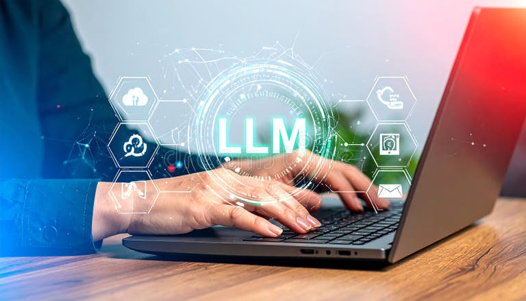 Hands Typing on a Laptop, Interacting with a Glowing LLM AI Interface ...