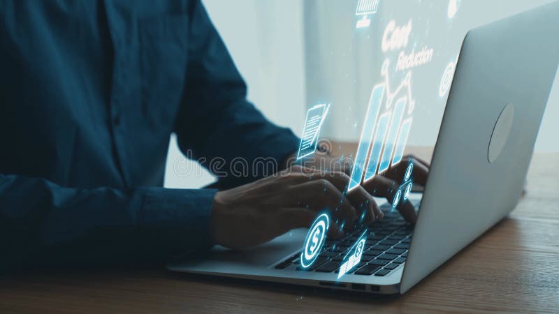 Hands Typing on Laptop while Interactive Technology Graphics Display ...