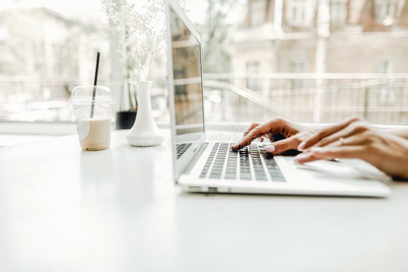 Hands Typing on Laptop Keyabord on White Table. Stock Photo - Image of ...
