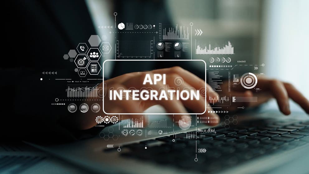 Hands Typing on Laptop Keyboard with API Integration Concept and Graphic Data Visualization in ...