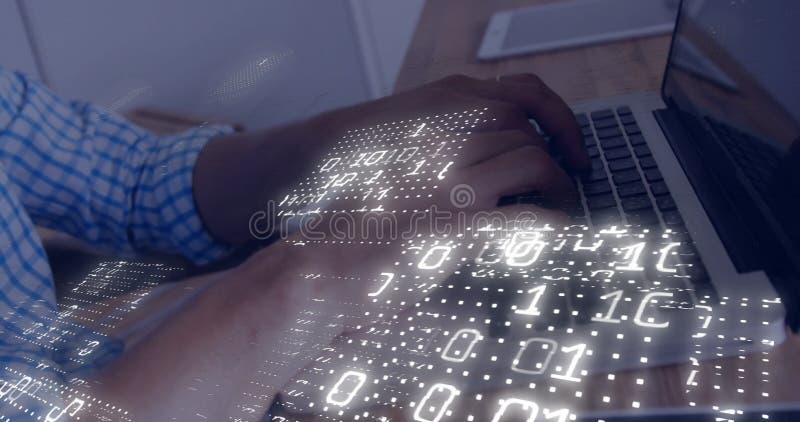 Hands Typing On Laptop Keyboard With Binary Code Animation Overlay