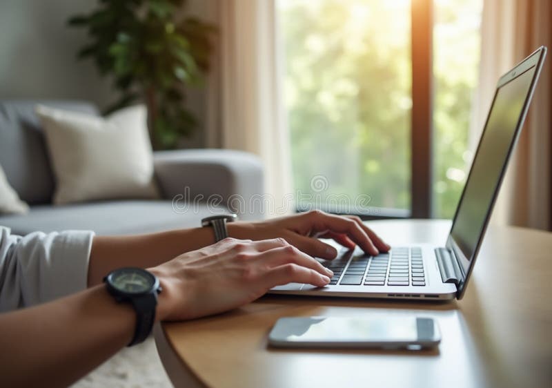 Hands Typing on Laptop Keyboard in a Bright, Modern Workspace Stock ...